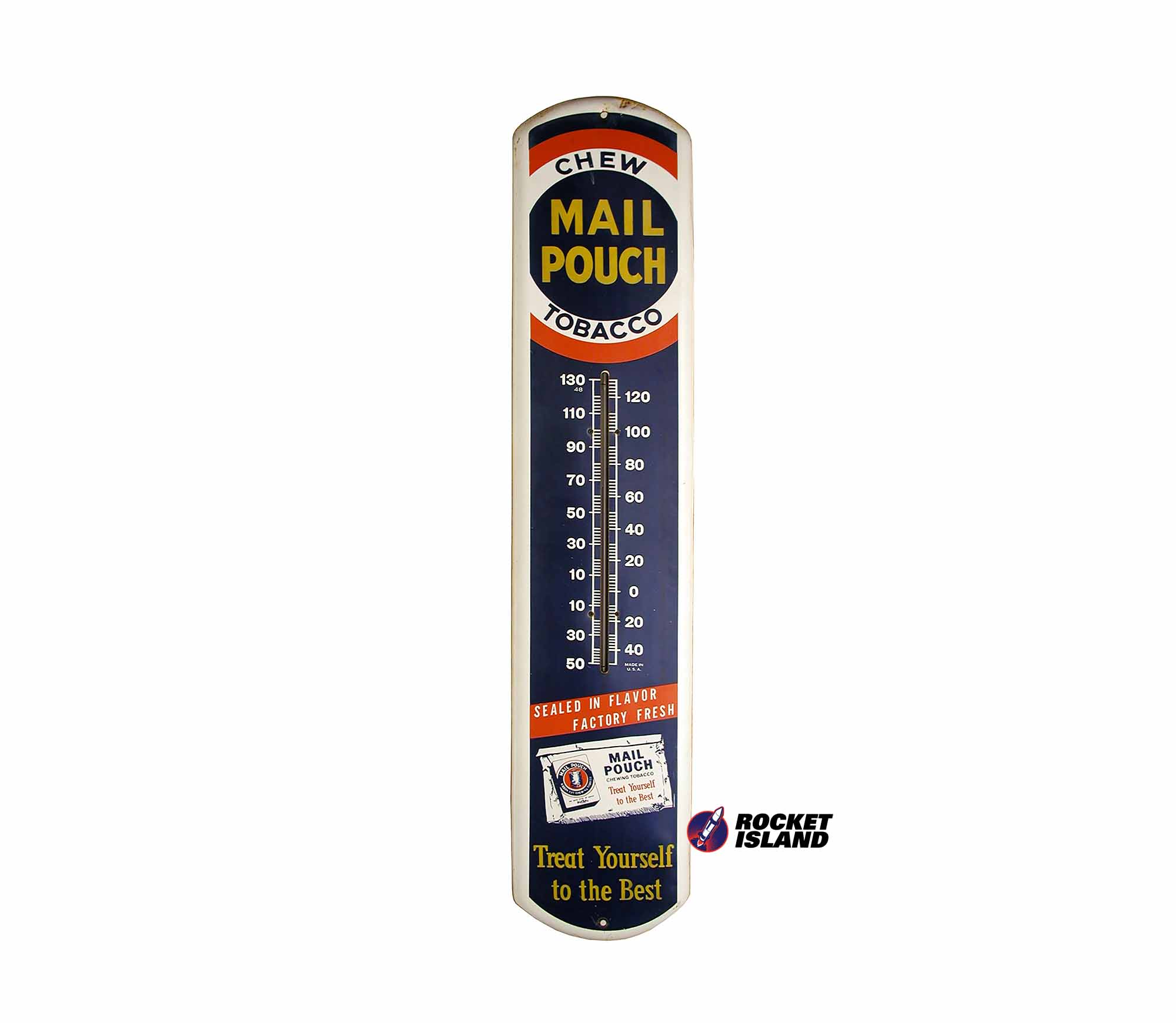 Mail Pouch Tobacco Thermometer (1950s) - Rocket Island Vintage Stock Images